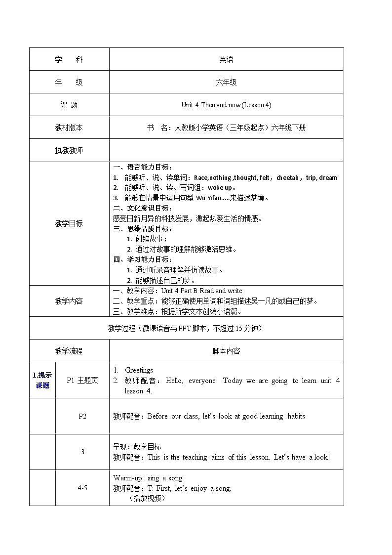 小学英语人教版PEP（2024）六年级下册Unit 4 Then and now Part B教学设计-教案下载-教习网