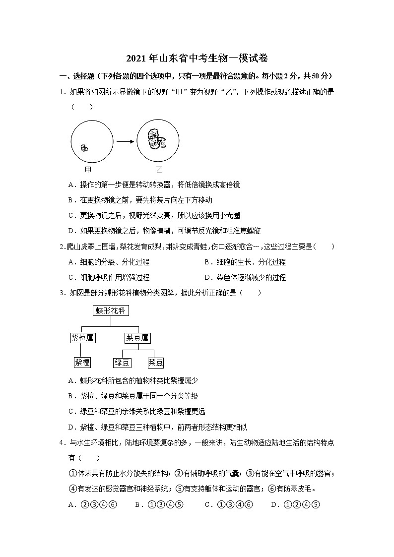 2021年山东省济宁市中考生物一模试卷（解析版）-教习网|试卷下载
