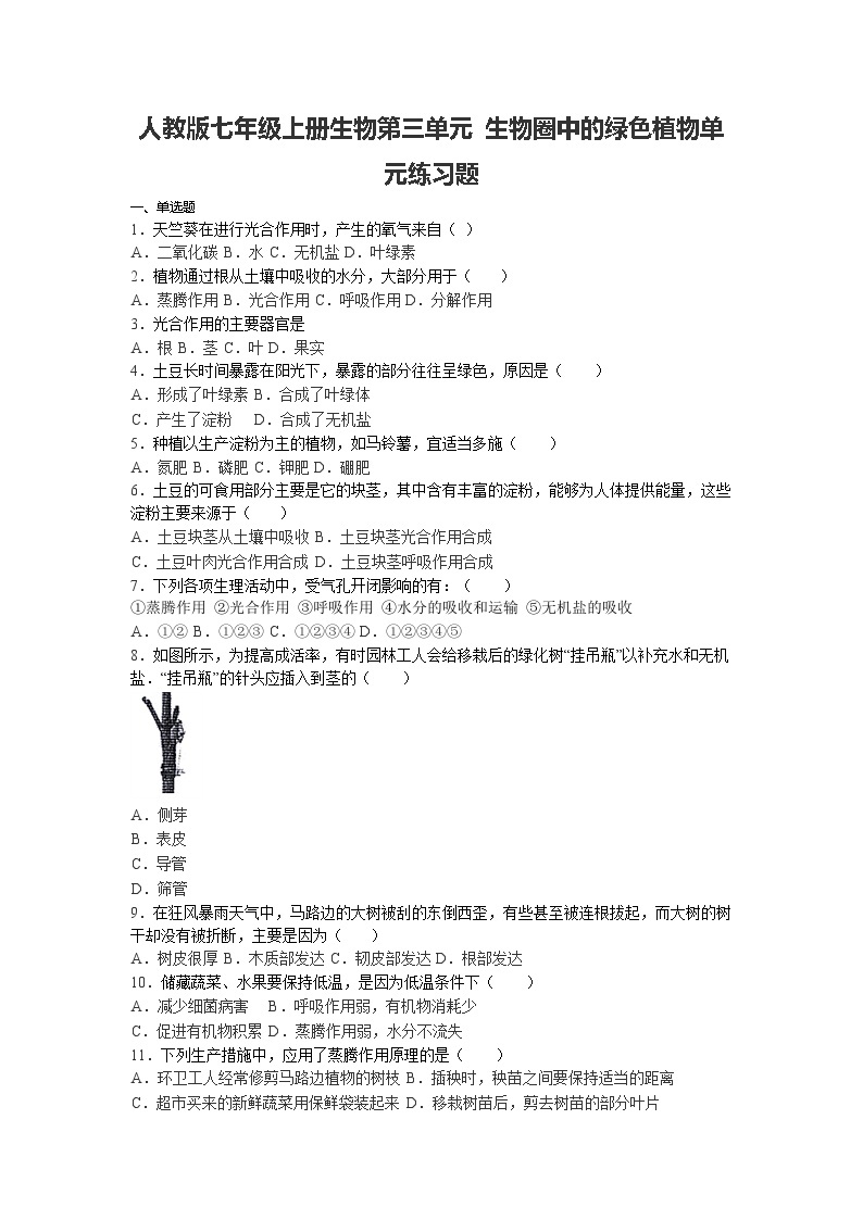 人教版七年级上册生物第三单元 生物圈中的绿色植物单元练习题 教习网试卷下载