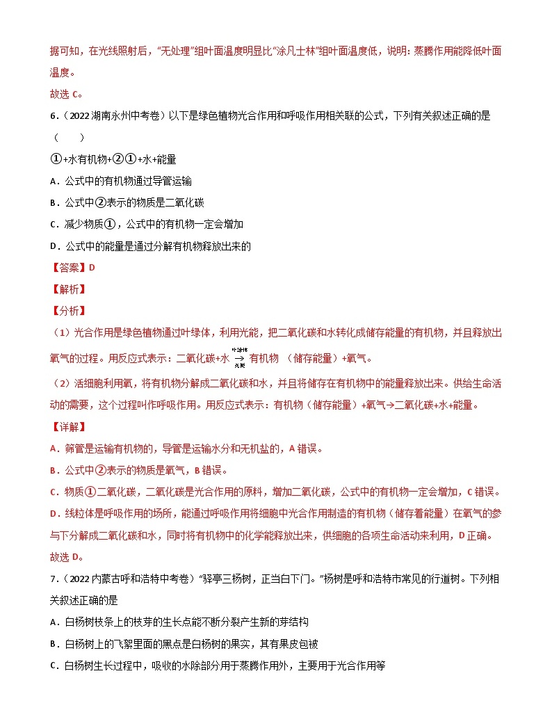 专题04 绿色植物的蒸腾、光合呼吸作用 中考生物真题分项汇编(全国通用)(第2期) 教习网试卷下载