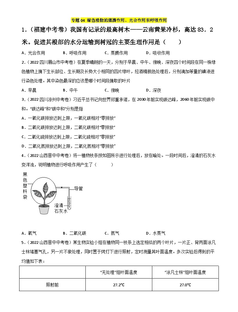 专题04 绿色植物的蒸腾、光合呼吸作用 中考生物真题分项汇编（全国通用）（第2期） 教习网试卷下载