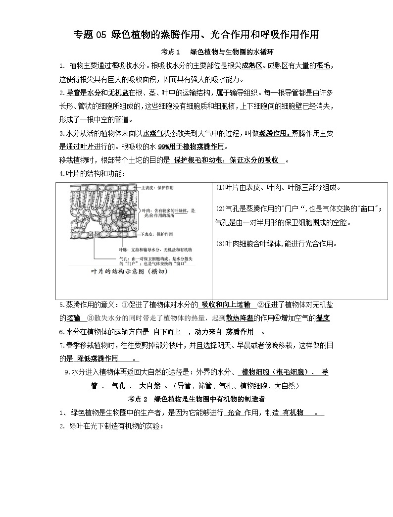 专题05 绿色植物的蒸腾作用、光合作用和呼吸作用作用（知识帮） 备战2023年中考生物一轮复习考点帮（全国通用） 教习网试卷下载