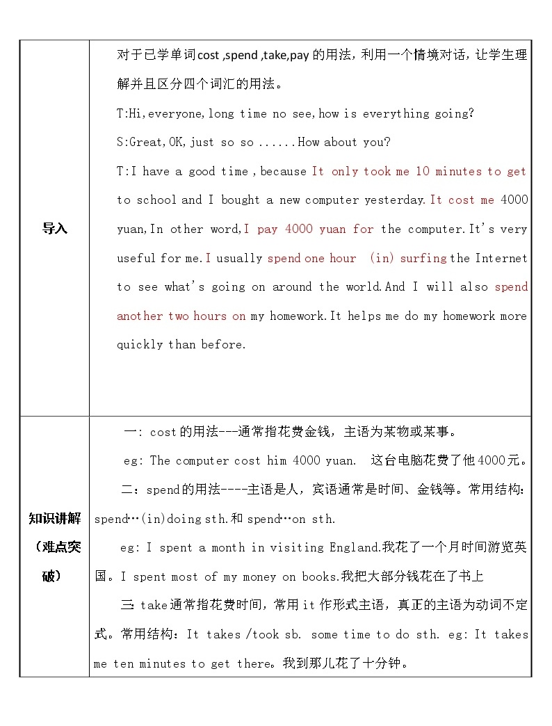 八年级上册英语 四个花费cost spend take pay的区别 教案-教习网|教案下载
