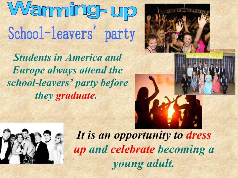 初中英语外研版 (新标准)九年级下册Module 6 Eating togetherUnit 1 When is the school-leavers’ party?课文课件ppt-教习网|课件下载