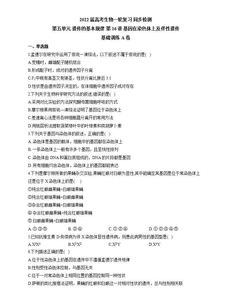 【新教材】2022届高考生物一轮复习同步检测：第五单元 遗传的基本规律 第16讲 基因在染色体上及伴性遗传 基础训练a卷 教习网试卷下载