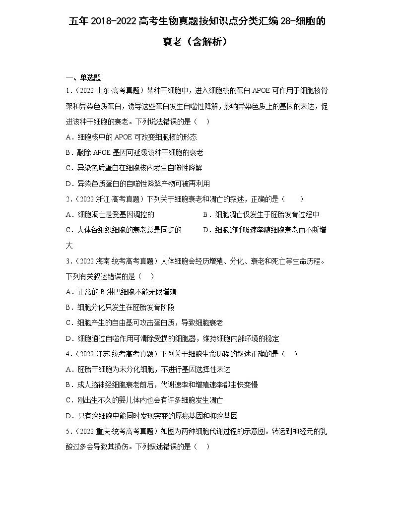 五年2018 2022高考生物真题按知识点分类汇编28 细胞的衰老（含解析） 教习网试卷下载