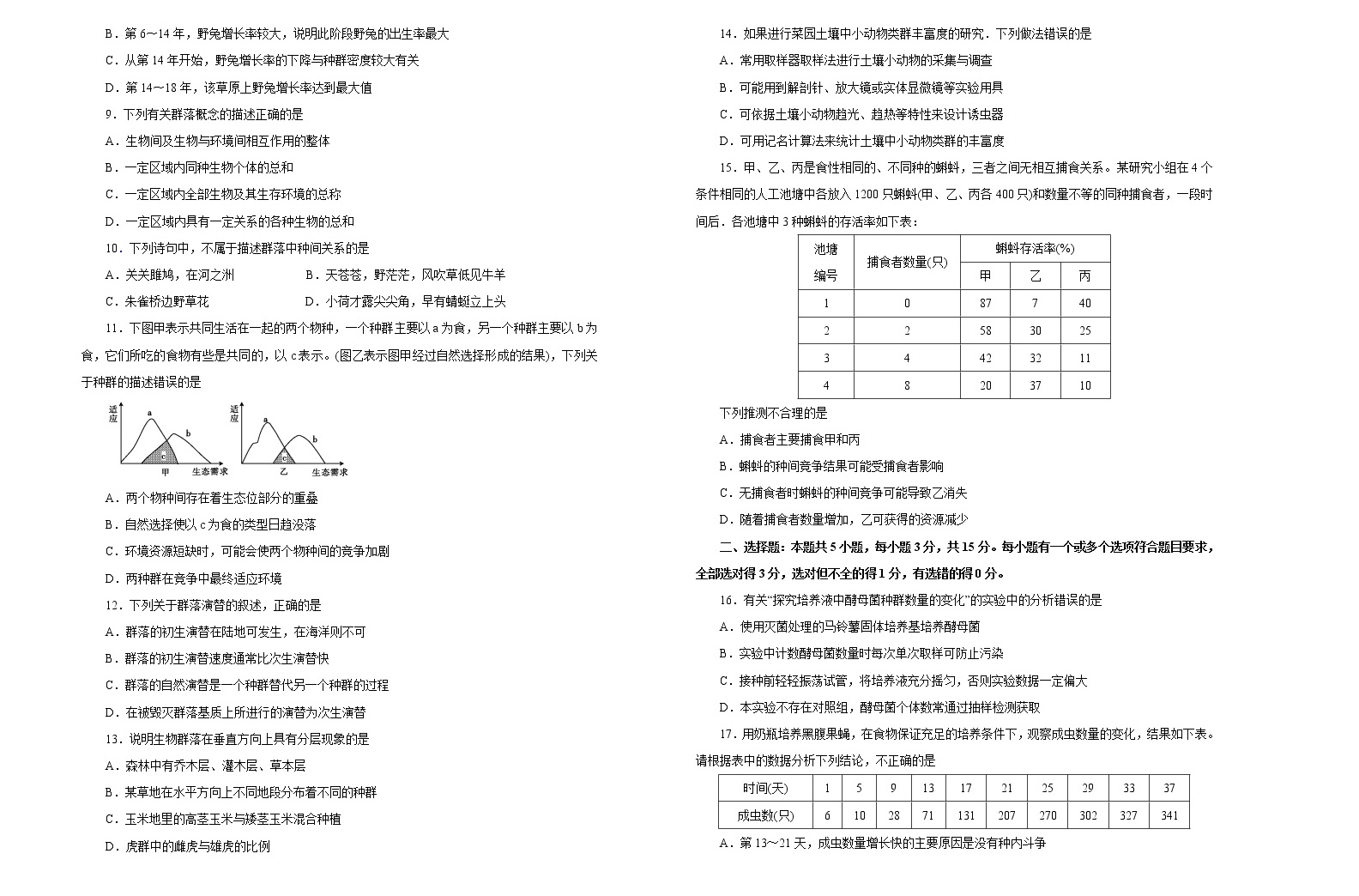 高中生物选择性必修二 第一单元种群及其动态、群落及其演替达标检测卷 B卷 无答案 教习网试卷下载