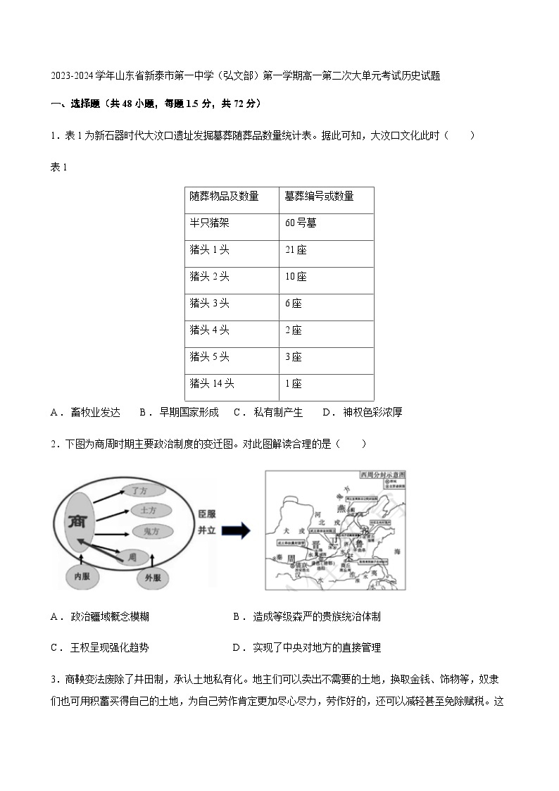 2023-2024学年山东省新泰市第一中学（弘文部）第一学期高一第二次大单元考试历史试题解析版-教习网|试卷下载